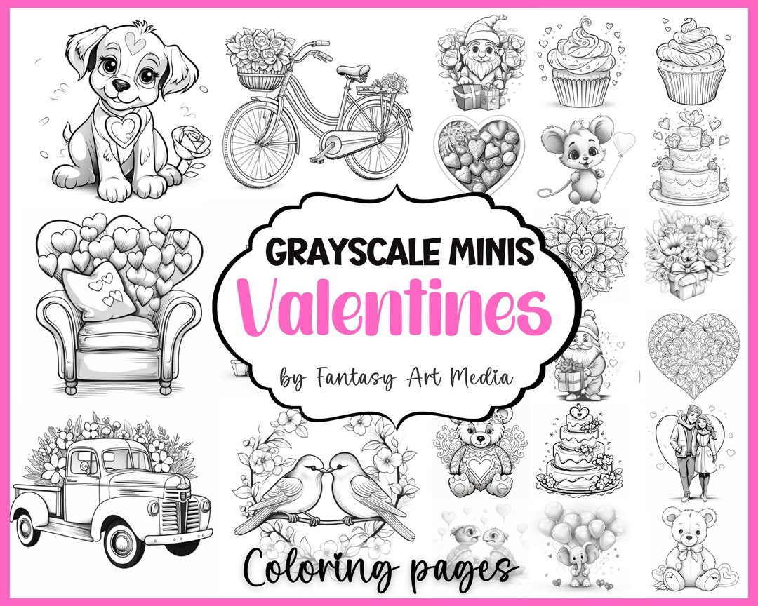 Grayscale Minis "valentines" Coloring Pages, Printable Adult Small ...