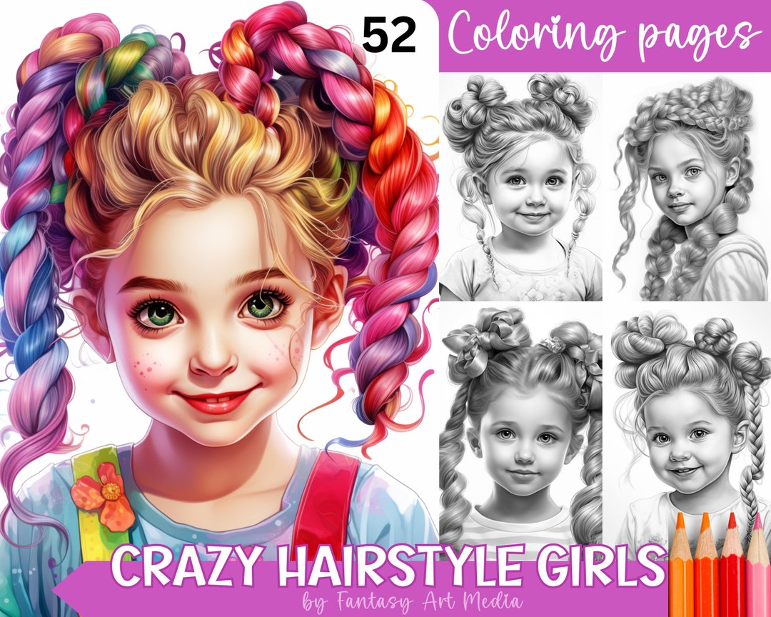 Crazy Hairstyle Girls Coloring Pages 52 Fun Adult Printable Cute Girls ...