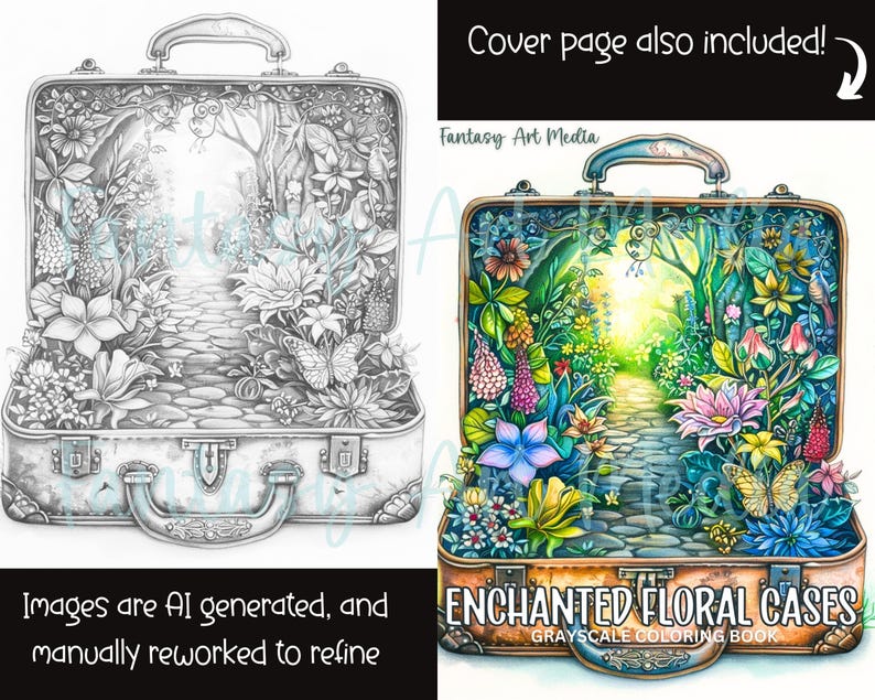 Enchanted Floral Cases Coloring Pages, Printable Grayscale Adult ...
