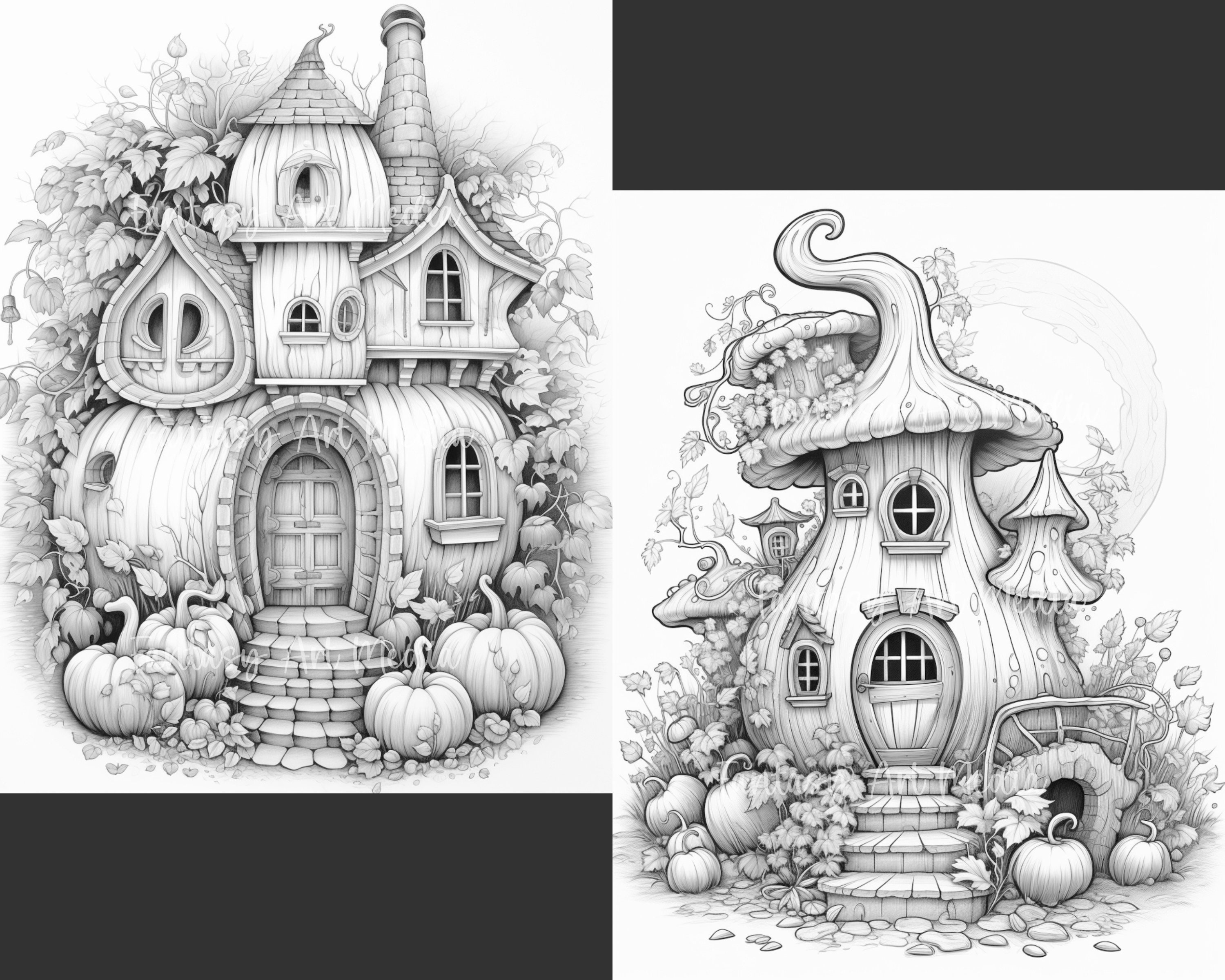 25 Pumpkin House Coloring Pages: Grayscale Autumn Fairy Tale (PDF/JPG ...