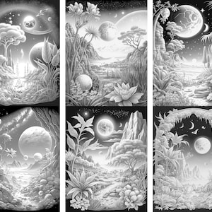 36 Galactic Scapes Coloring Pages | Printable Adult Grayscale Fantasy ...