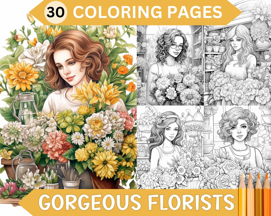 30 Gorgeous Florists Grayscale Women Spring Coloring Pages | Printable Ladies Adult Coloring ...