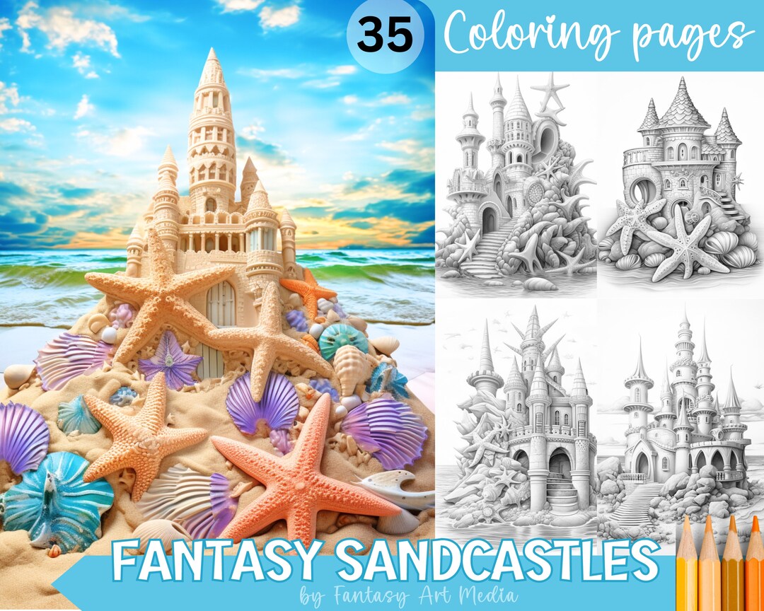 Fantasy Sandcastles 35 Coloring Pages | Tropical Beach Printable Adult ...