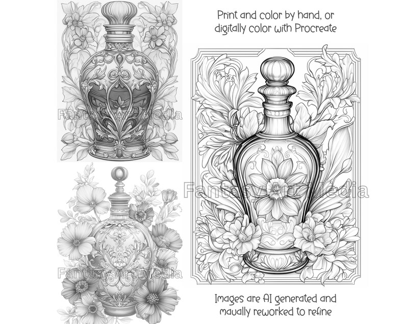 Decadent Potion Bottles Grayscale Coloring Pages, Printable Adult ...