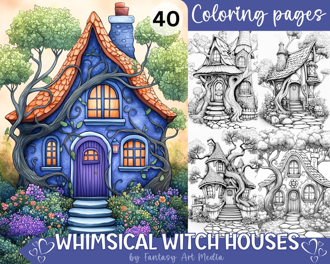 Whimsical Witch Houses Grayscale Coloring Pages, Printable Adult ...