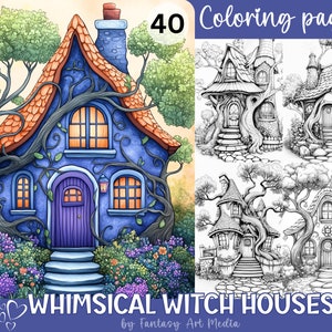 Whimsical Witch Houses Grayscale Coloring Pages, Printable Adult ...