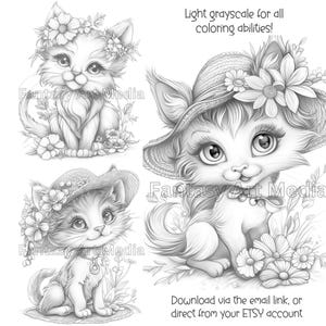 Fun Floral Kittens Grayscale Coloring Pages, Adult & Kids Cute ...
