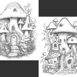 30 Magical Mushroom Houses Coloring Pages | Printable Adult Grayscale ...