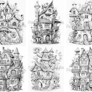 Cool Crazy Houses Coloring Book, Printable Adult Grayscale Townhouse ...