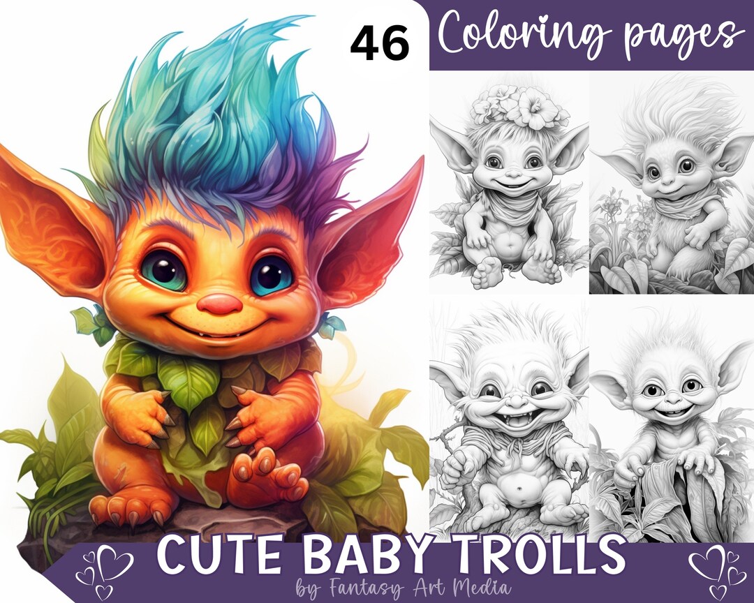 Cute Baby Trolls Grayscale Coloring Pages, Fantasy Creatures Adult ...