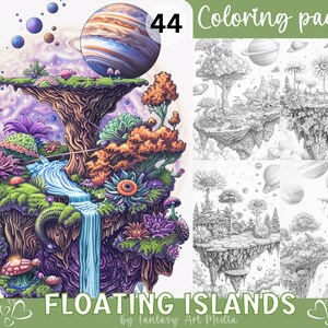 Floating Islands Coloring Pages, Printable Adult Grayscale Fantasy ...