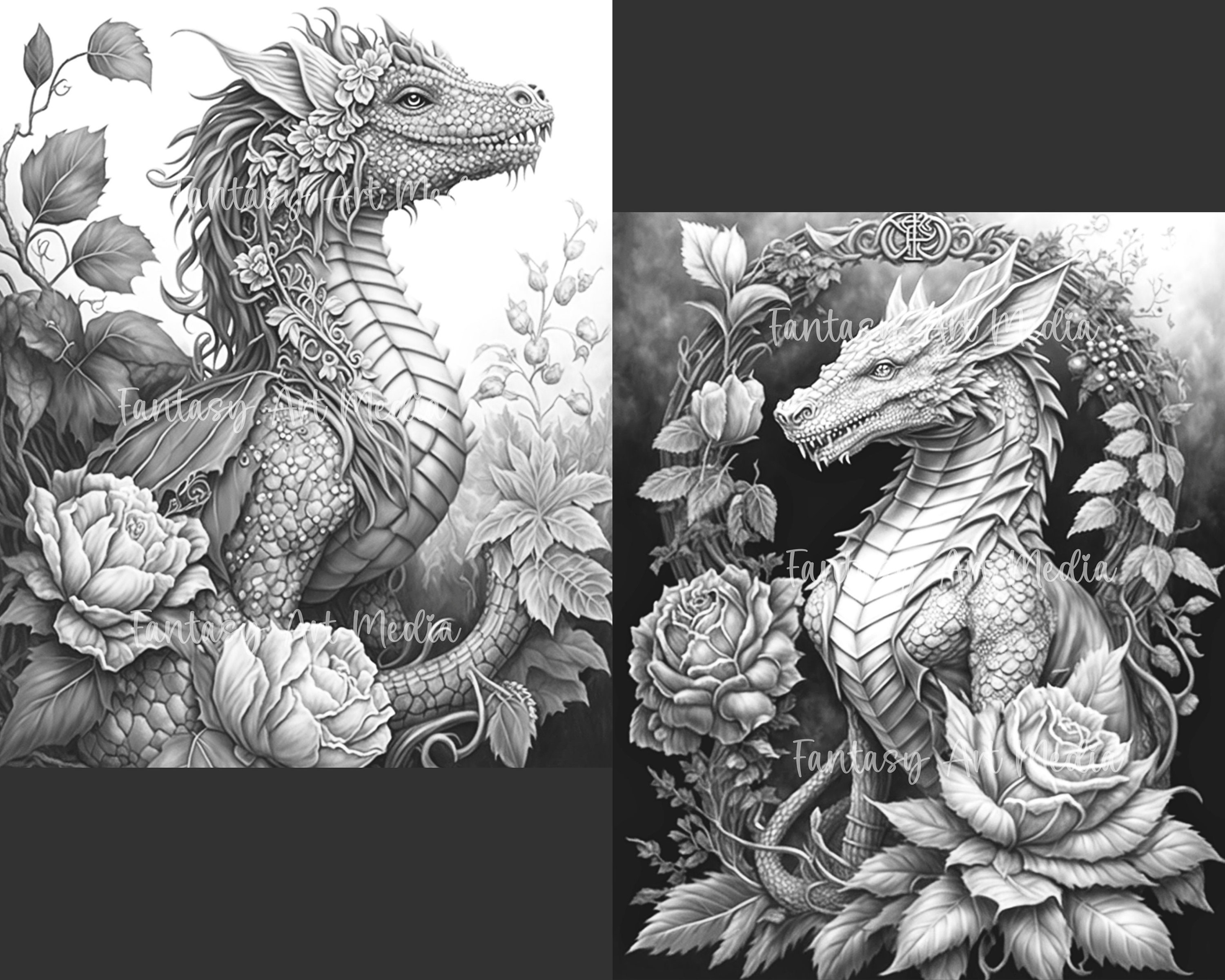 35 Dazzling Dragons Grayscale Coloring Pages Printable Adult - Etsy