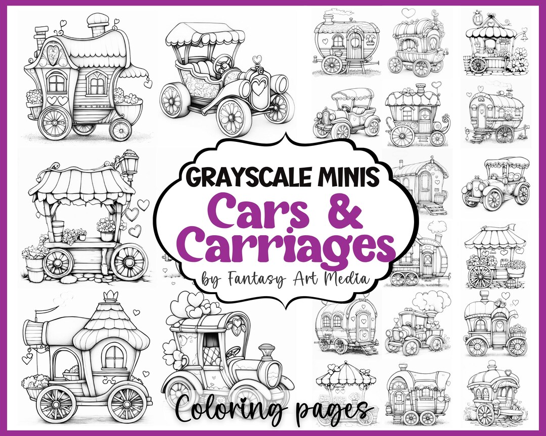 Grayscale Minis "cars & Carriages" Coloring Pages, Printable Adult ...
