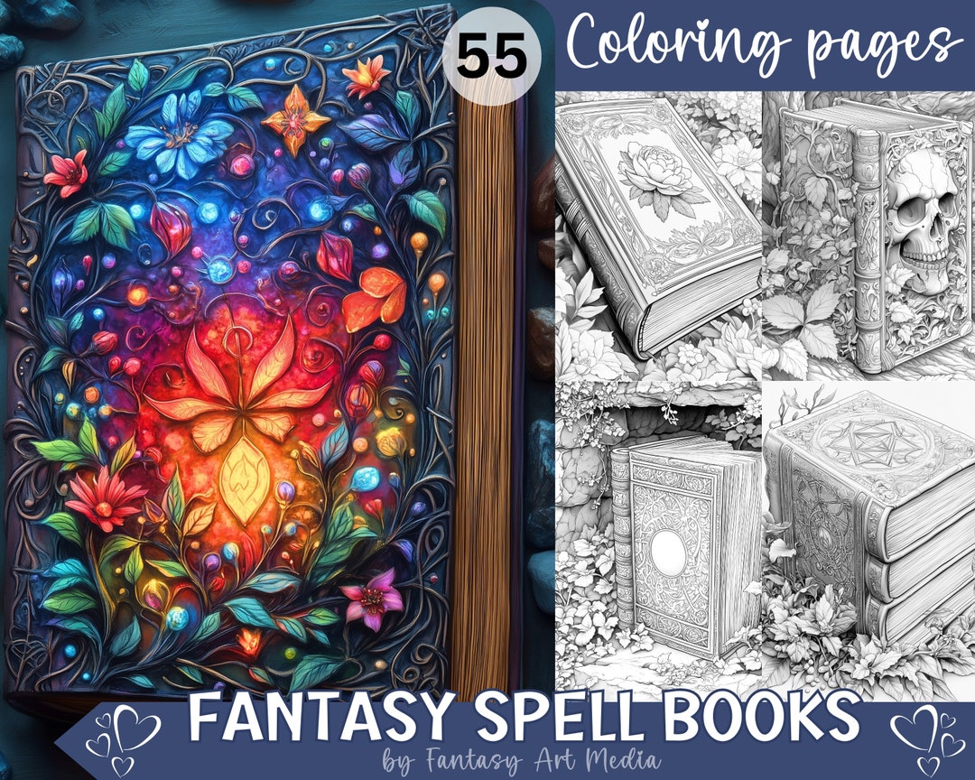 Fantasy Spell Books Grayscale Coloring Pages, Printable Adult Wiccan ...