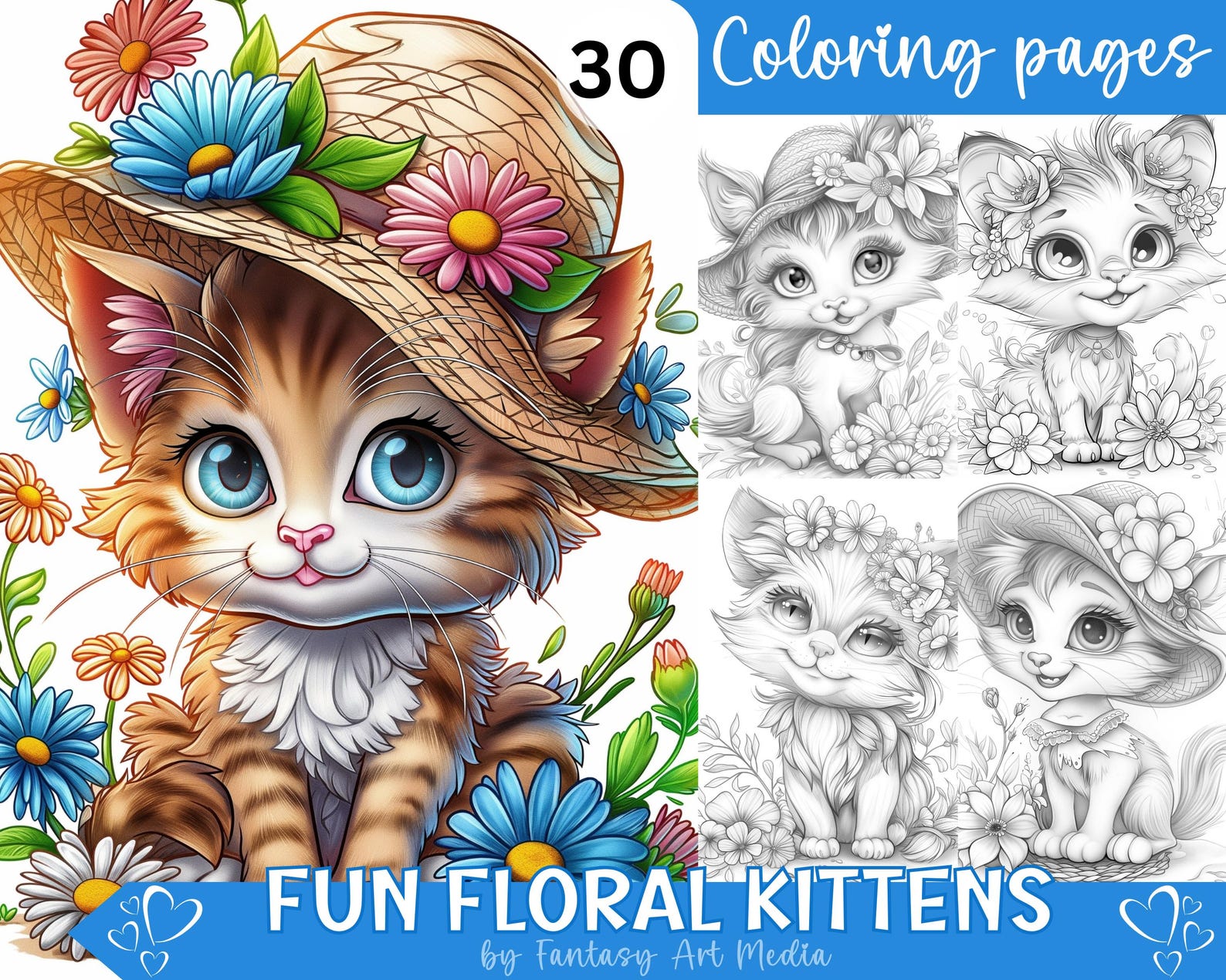 Fun Floral Kittens Grayscale Coloring Pages, Adult & Kids Cute ...