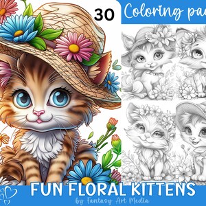 Fun Floral Kittens Grayscale Coloring Pages, Adult & Kids Cute ...