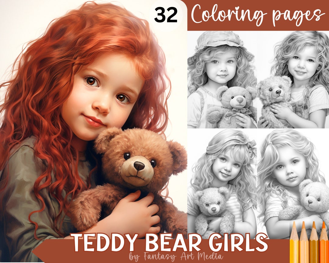 Teddy Bear Girls Coloring Pages: 32 Grayscale Designs (printable PDF ...