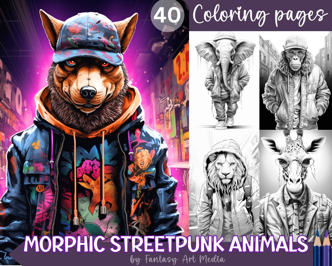 Morphic Streetpunk Animals Coloring Book: 40 Grayscale Pages (printable ...