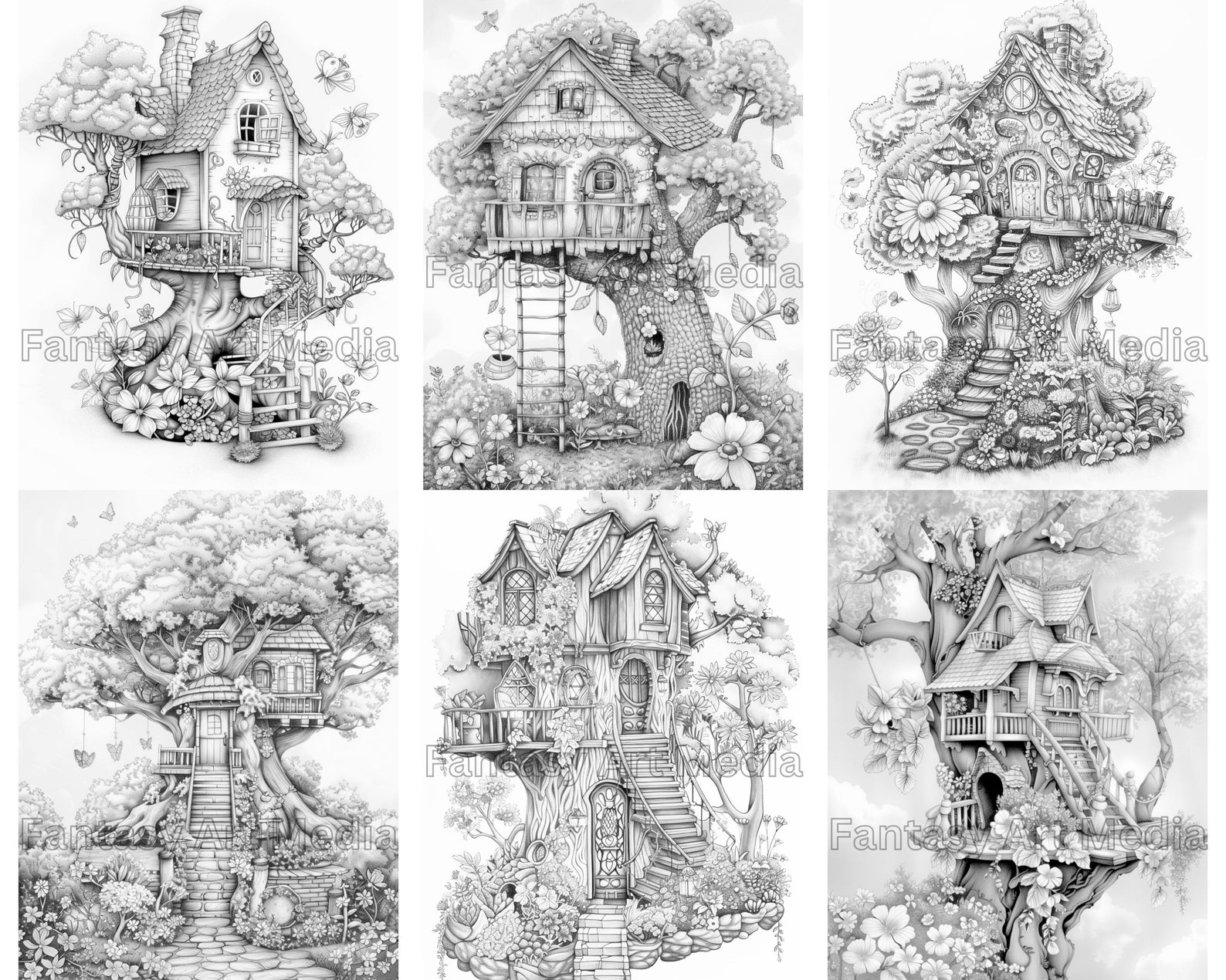 Fantasy Treehouses Coloring Pages, Printable Adult Grayscale Floral ...