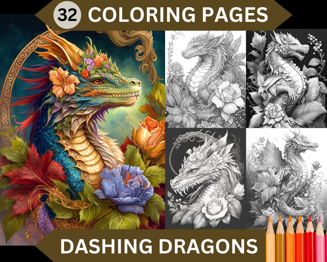 32 Dashing Dragons Grayscale Coloring Pages | Printable Adult Woman ...