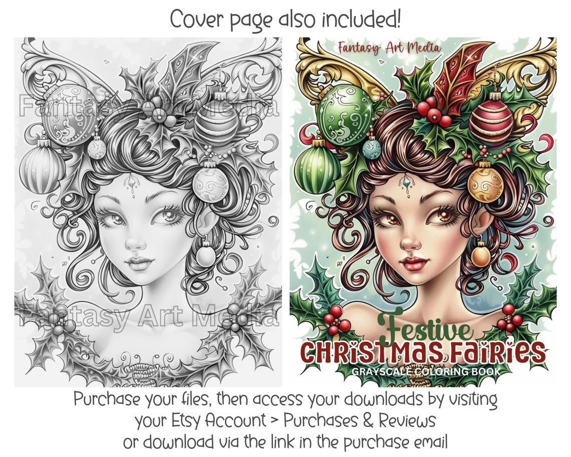 Festive Christmas Fairies Coloring Pages, Printable Adult Fun Fantasy ...