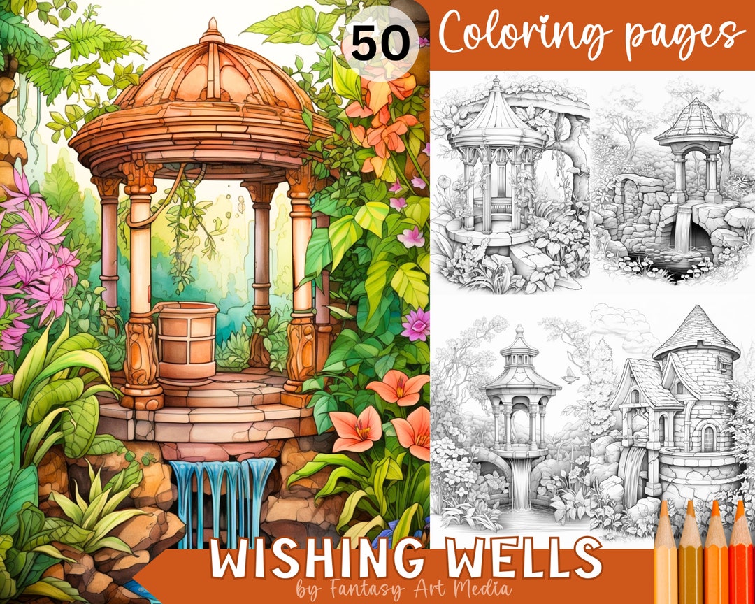 Wishing Wells Coloring Pages, 50 Printable Adult Grayscale Cottage ...