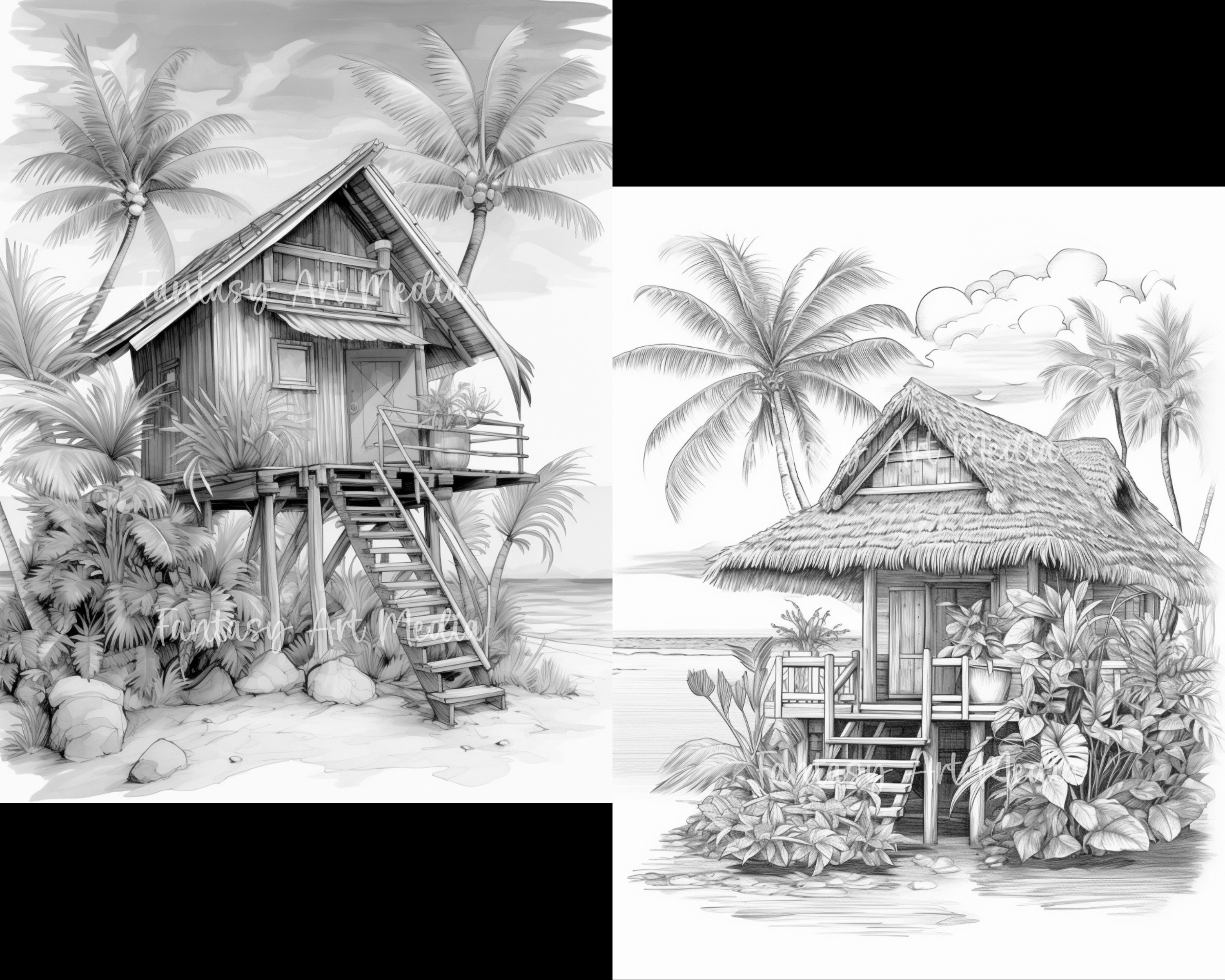 40 Tropical Beach Huts Coloring Pages | Printable Adult Grayscale Beach ...