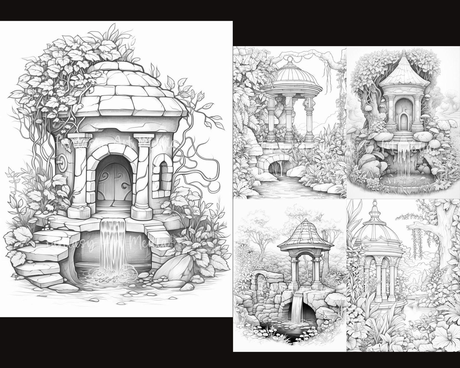 Wishing Wells Coloring Pages: 50 Grayscale Cottage Garden Designs ...