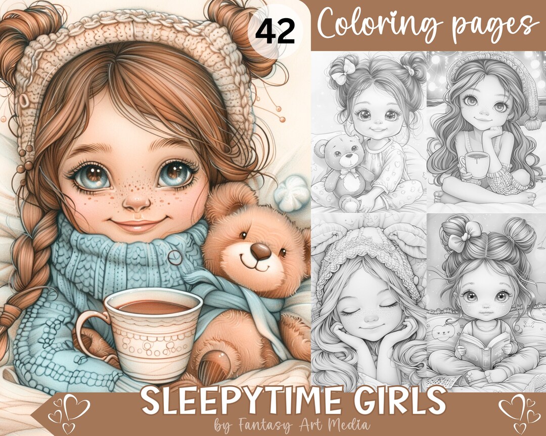 Sleepytime Girls Grayscale Coloring Pages, Fantasy Pyjamas Pjs Sleepy ...