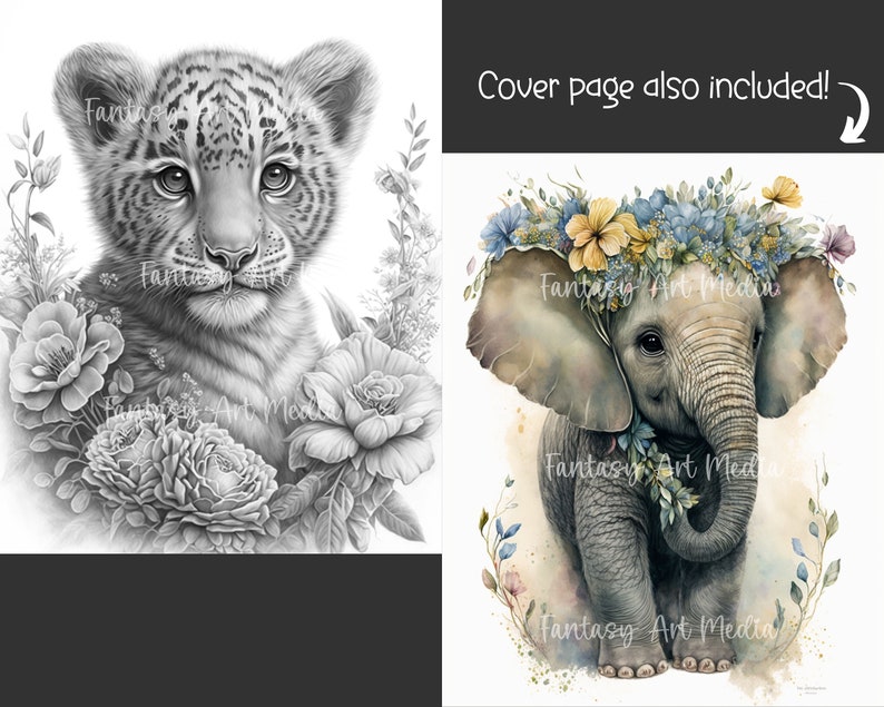 30 Baby Animals (on White) Grayscale Coloring Pages | Printable Adult ...