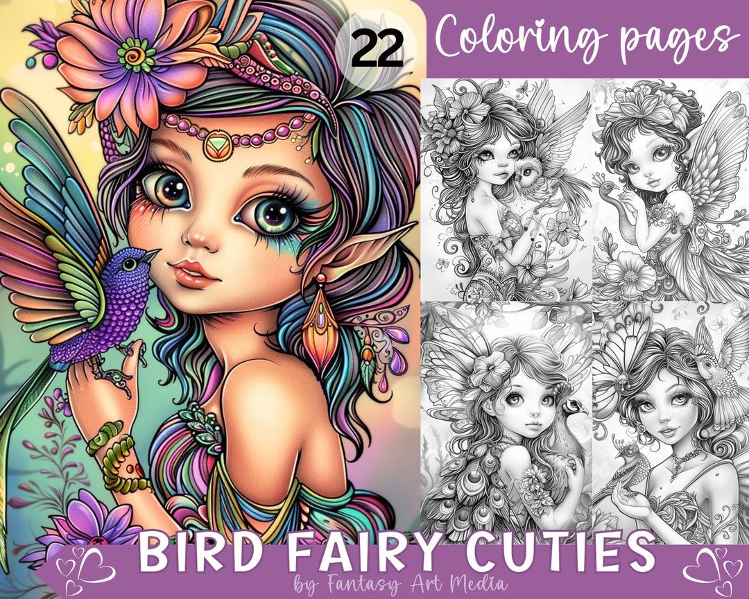 Bird Fairy Cuties Grayscale Coloring Pages - Color Images Included ...
