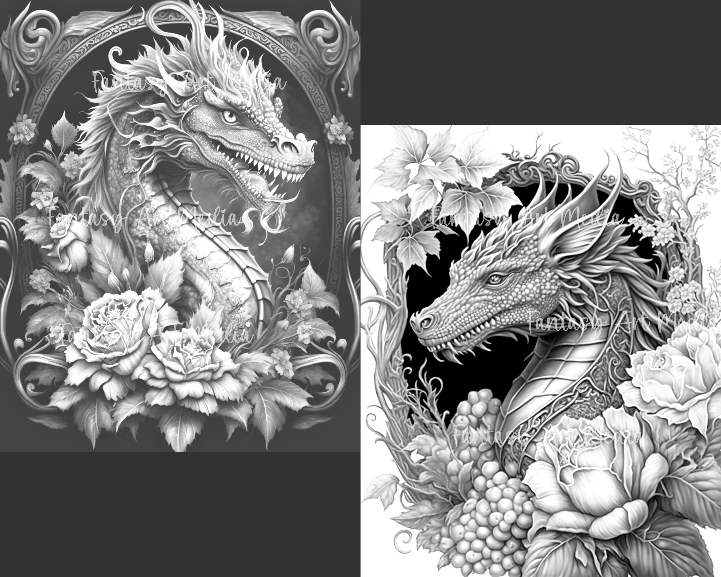 35 Dazzling Dragons Grayscale Coloring Pages Printable Adult - Etsy