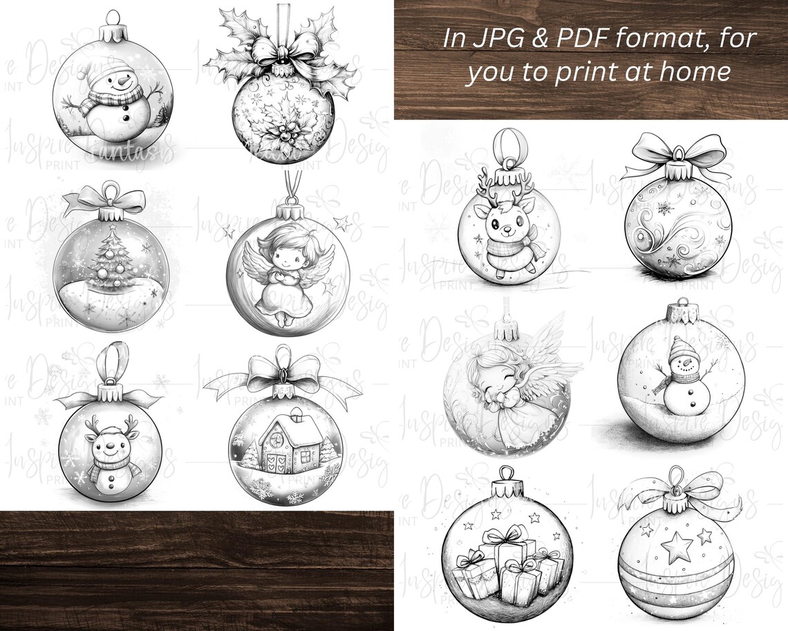 Grayscale Minis "christmas Baubles" Coloring Pages, Adult Small Advent ...