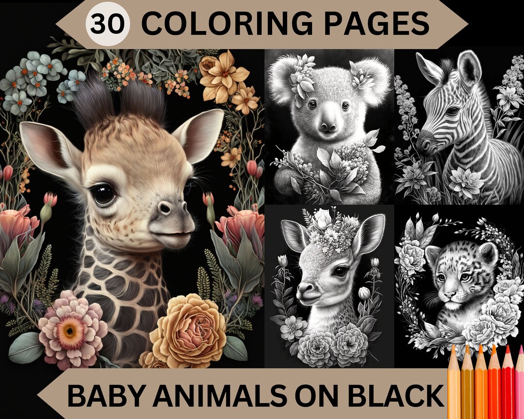 30 Baby Animals on Black Grayscale Coloring Pages | Printable Adult ...