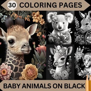 30 Baby Animals on Black Grayscale Coloring Pages | Printable Adult ...