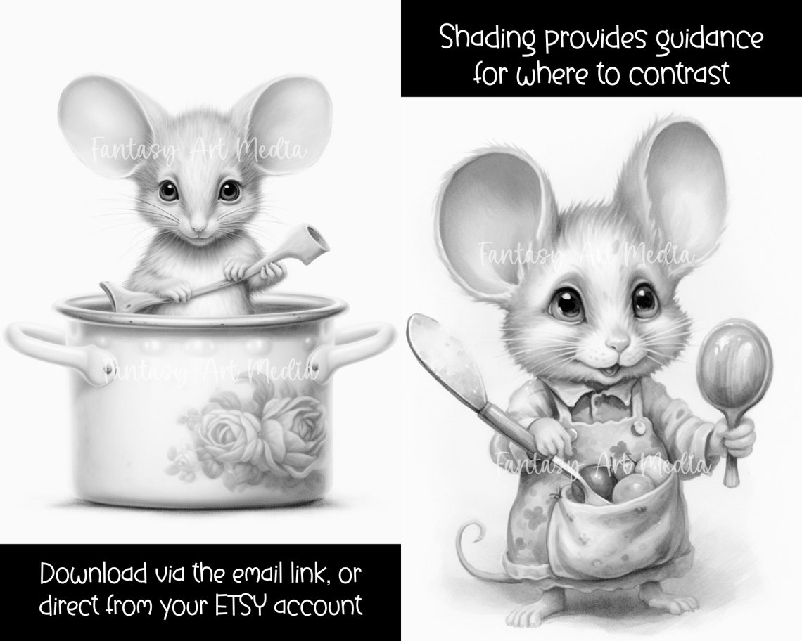 Cute Kitchen Mice Grayscale Coloring Pages, Adults & Children Printable ...