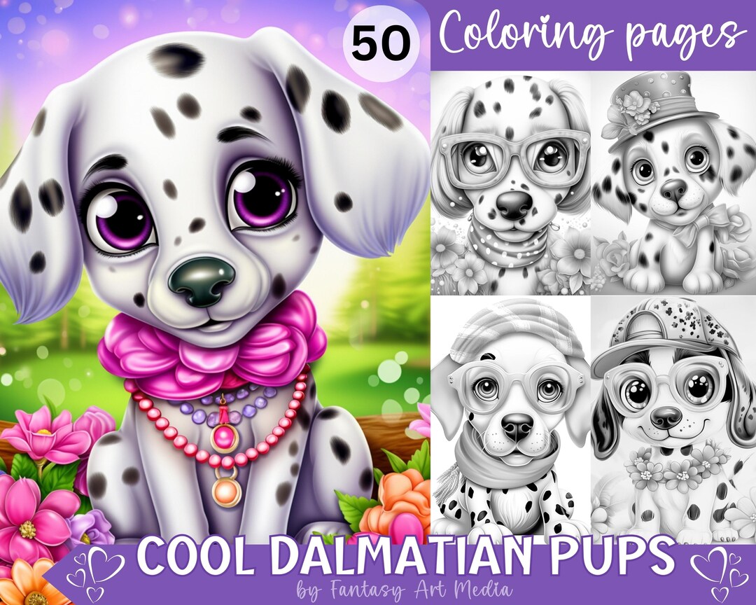 Cool Dalmatian Pups Coloring Pages Grayscale Floral Dogs Adult & Kids ...