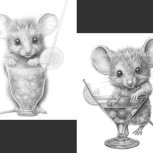 20 Cute Cocktail Mice Grayscale Coloring Pages for Adults & Children ...