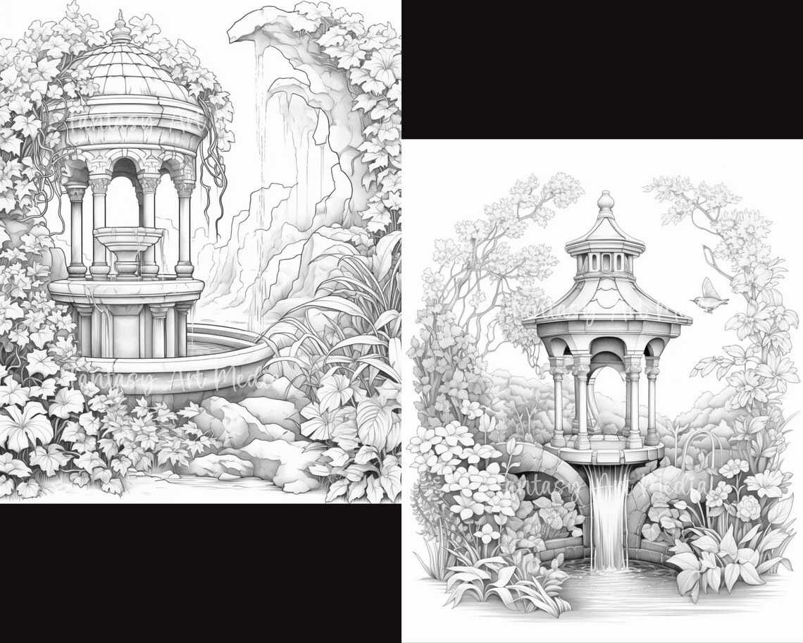 Wishing Wells Coloring Pages: 50 Grayscale Cottage Garden Designs ...