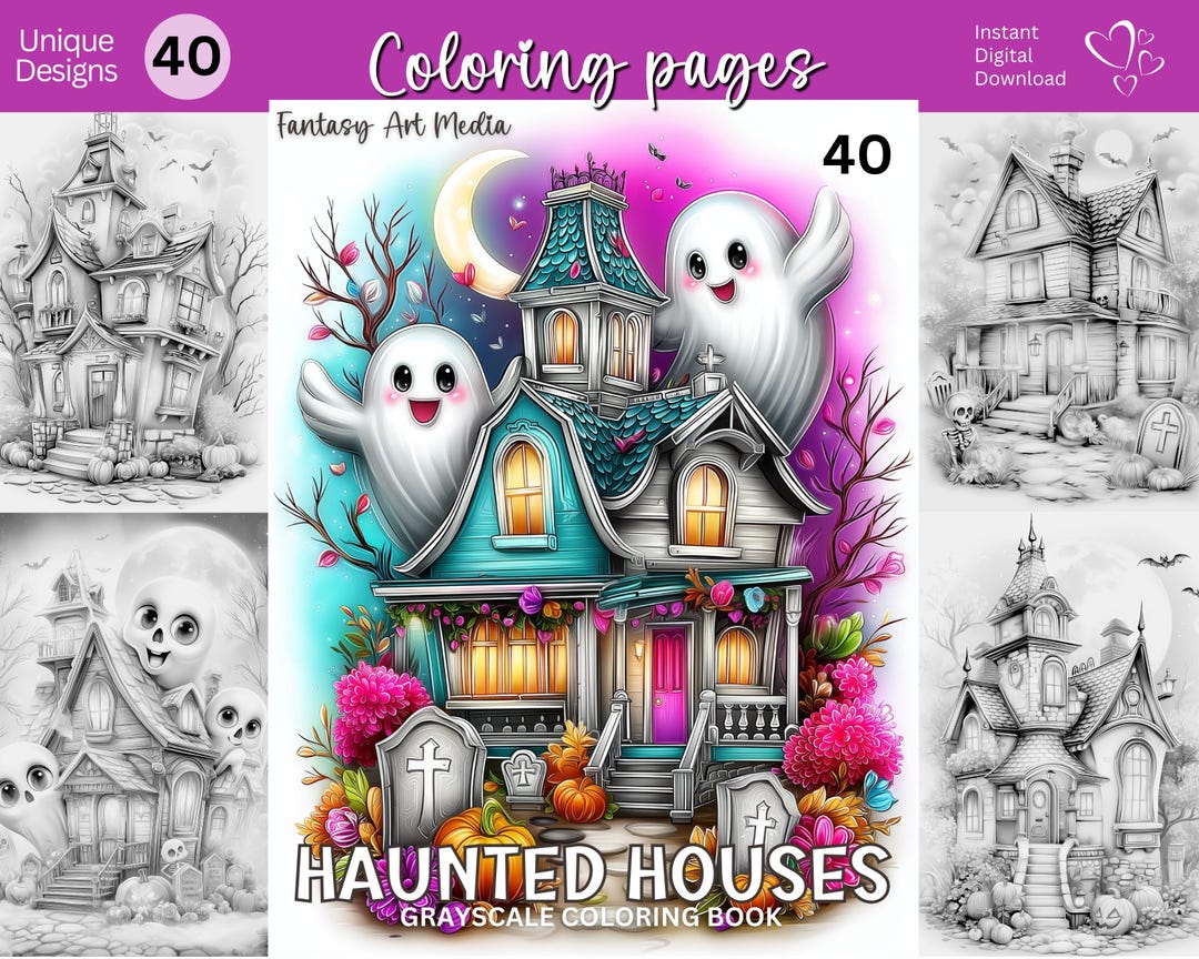 Haunted Houses Coloring Book: Grayscale Halloween Designs (printable ...
