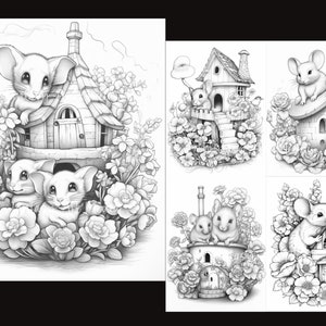 Cute Mouse Houses Coloring Pages, Printable Adult Grayscale Animals ...