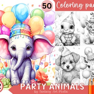 50 Party Animals Coloring Pages: Grayscale Zoo Animals (digital ...