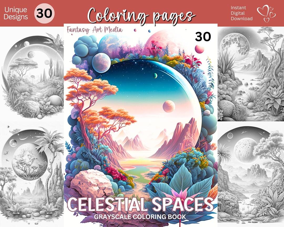 30 Celestial Spaces Coloring Pages | Printable Adult Grayscale Fantasy ...