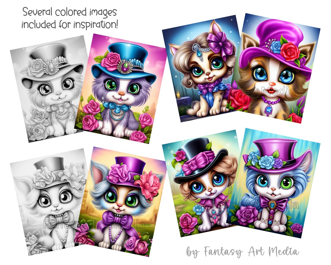 Cute Regal Kittens Grayscale Coloring Pages, Adult & Kids Printable ...