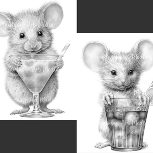 20 Cute Cocktail Mice Grayscale Coloring Pages for Adults & Children ...