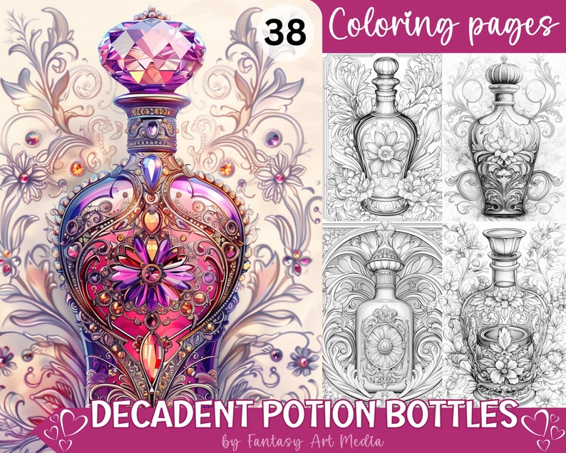 Decadent Potion Bottles Grayscale Coloring Pages, Printable Adult ...