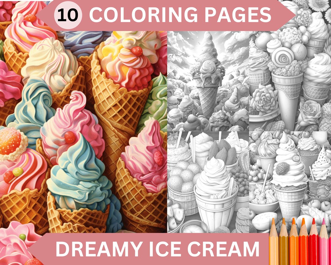 10 Dreamy Ice Creams Grayscale Coloring Pages | Printable Adult Sweets ...