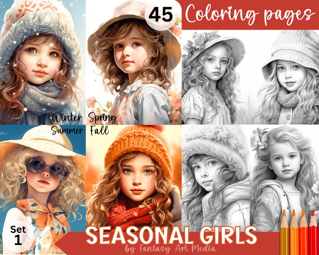 45 Seasonal Girls Coloring Pages (1), Printable Adult Grayscale Winter ...