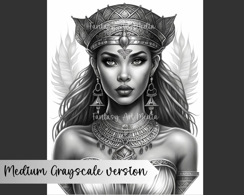 Egyptian Goddess Grayscale Adult Coloring Page Light Medium Etsy