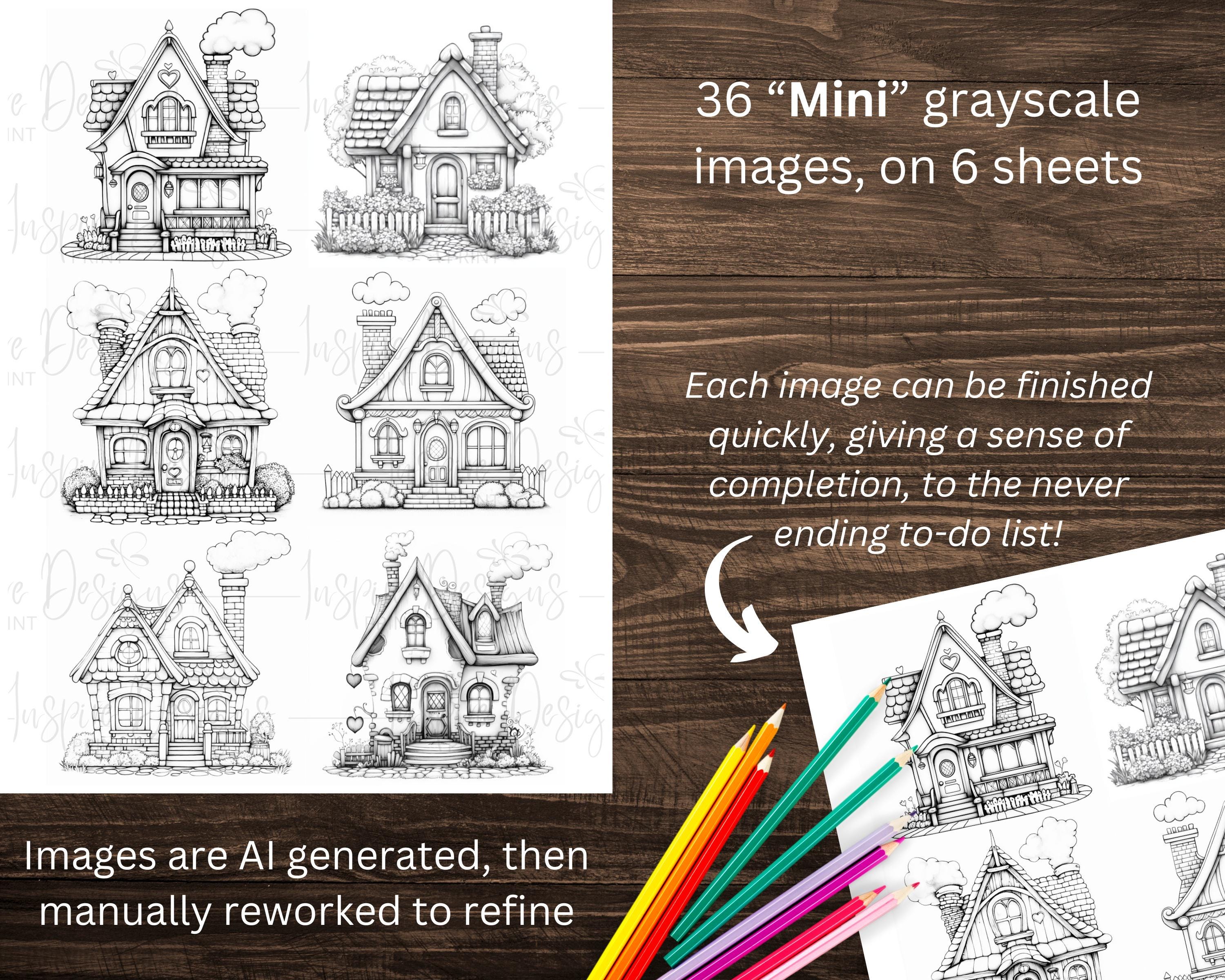 Grayscale Minis "cute Houses" Coloring Pages, Printable Adult Small ...